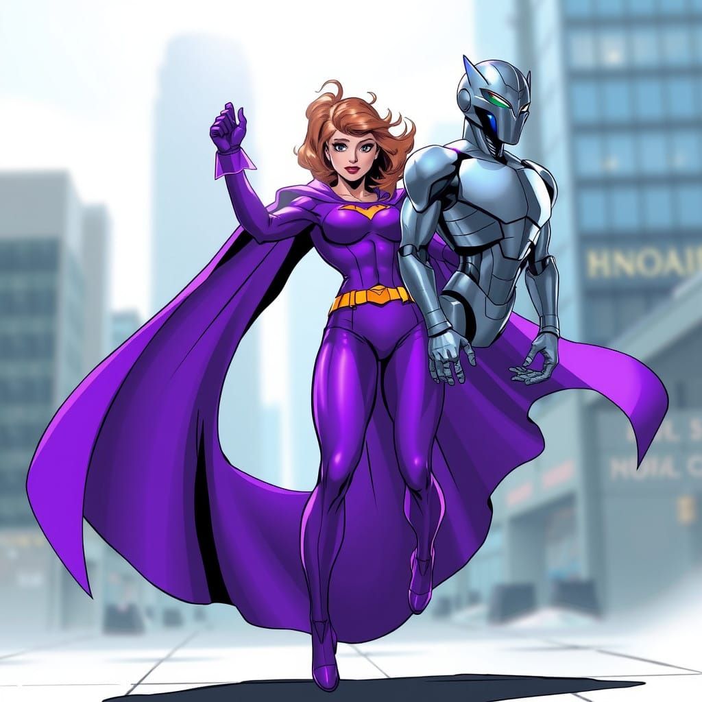 Purple Superhero Lifts Robot in Dynamic Cityscape - AI Art