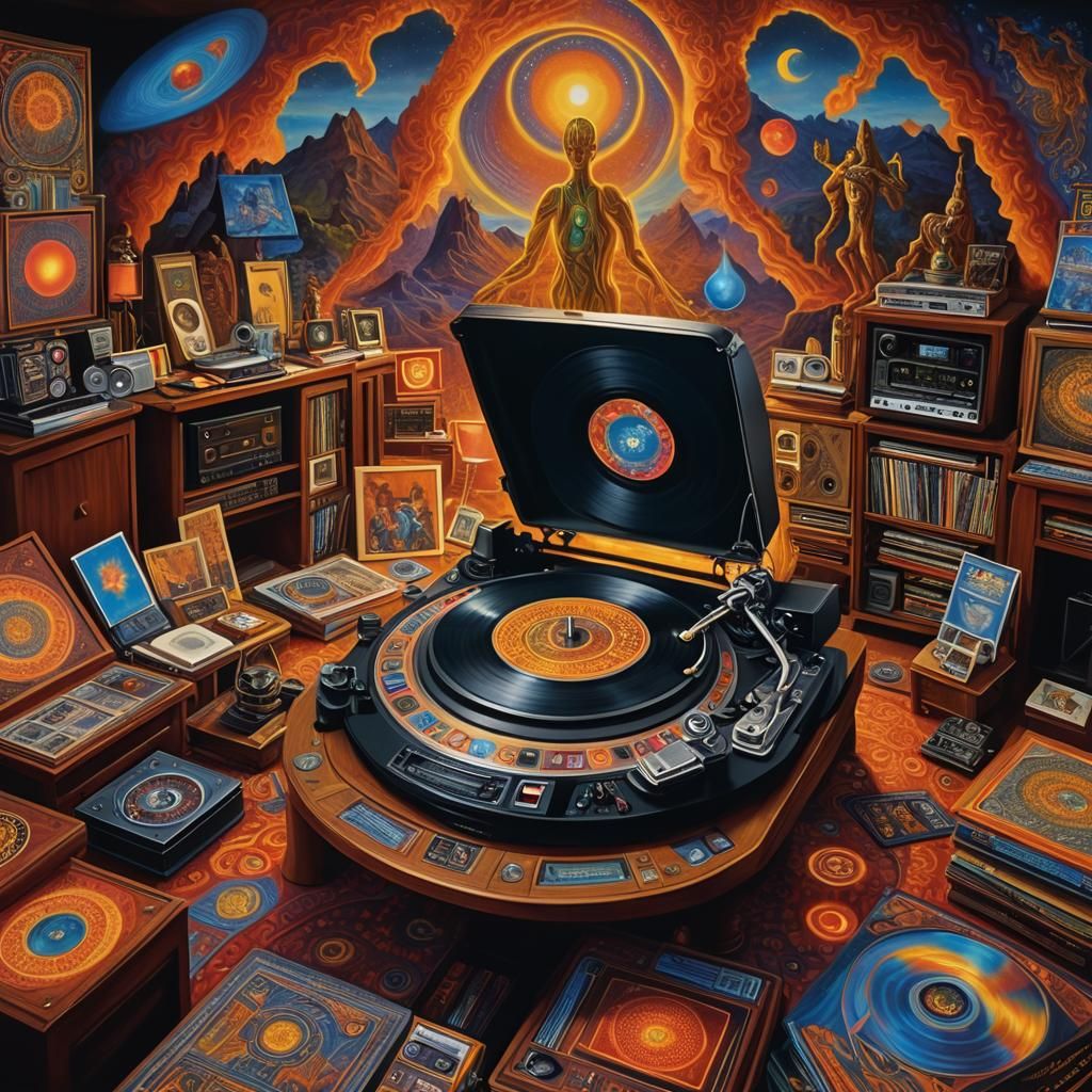 visionary art in the "Alex Grey" style of a "pioneer pl 518" record player playing an LP by the ...