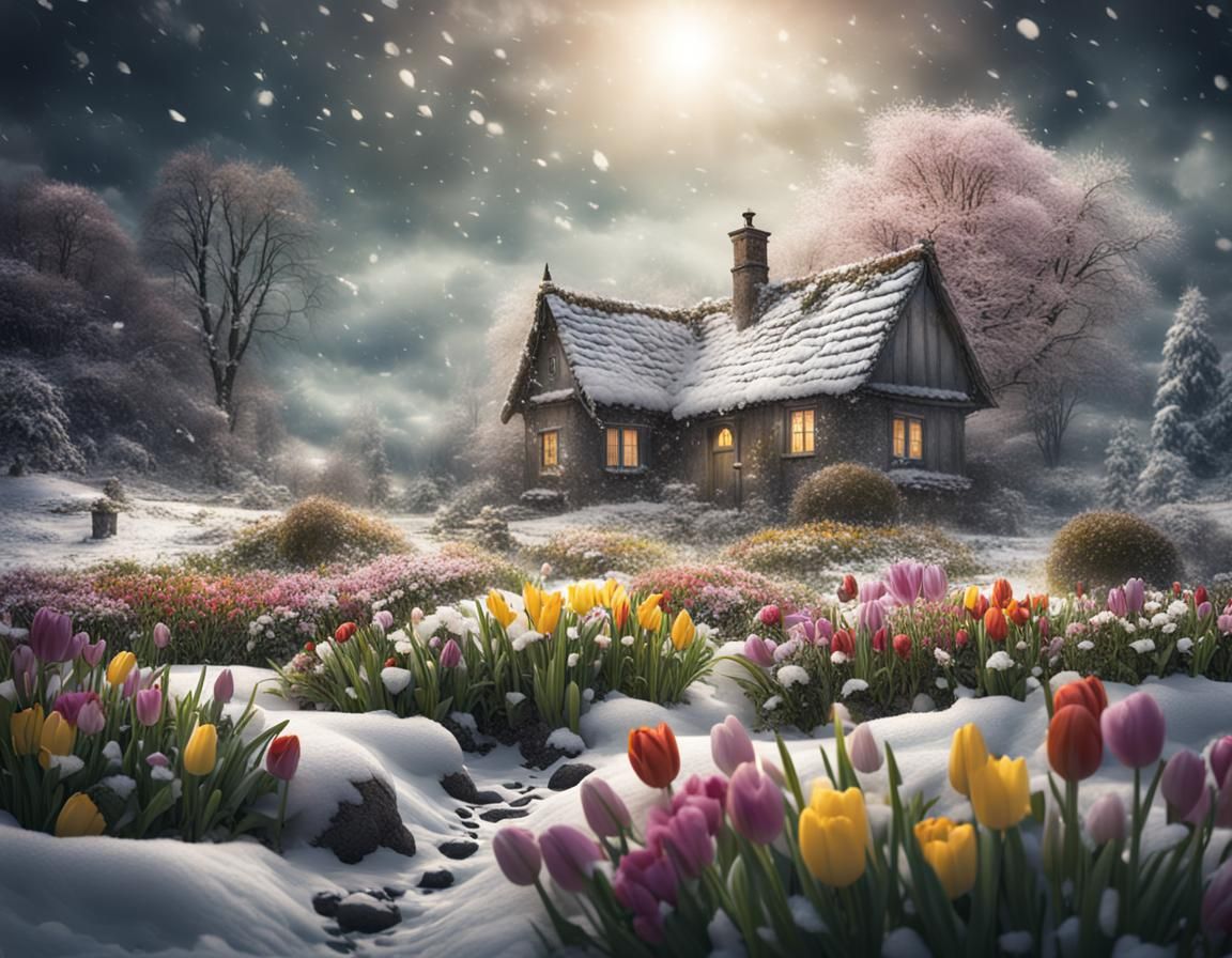 Spring flowers coming out of the snow in a garden with mud - AI ...