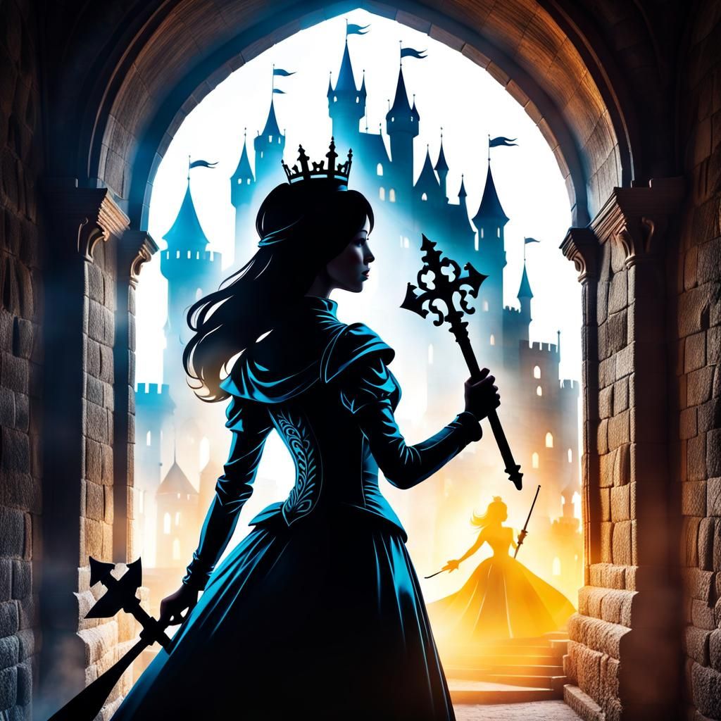 Double exposure art, a photo of a Medieval Castle inside the silhouette ...