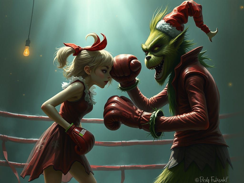 Cindy Lou Who Battles the Grinch in a Boxing Match - AI Art