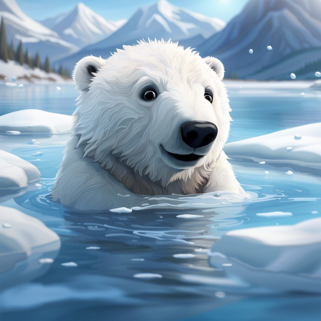 Little ice bear enjoying his private swimming pool - AI Generated ...