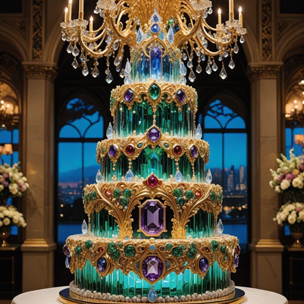 envision a towering wedding cake formed entirely out of shimmering ...