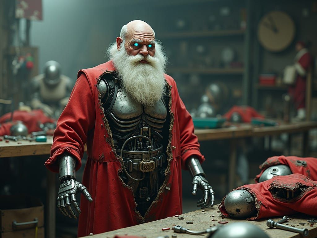 Santa Claus, worn and tattered red suit ripped open to reveal a damaged ...