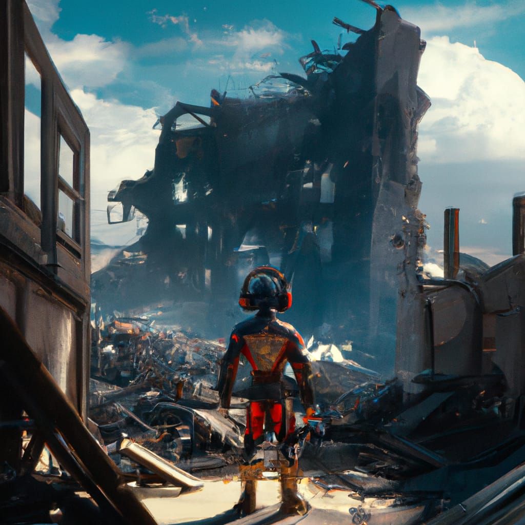 Male superhero wearing headphones, brooding sternly in building rubble ...
