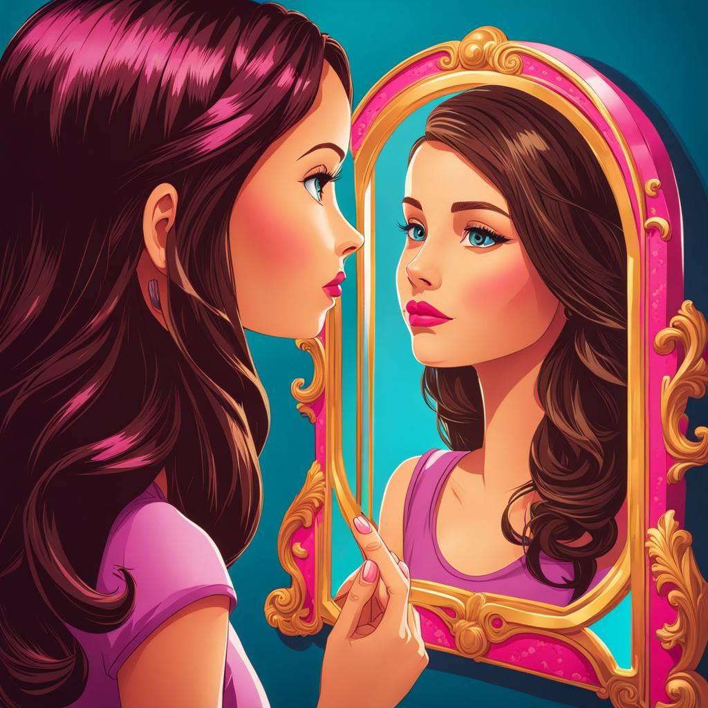 Beautiful lady looks at her beautiful tween (((in a mirror))) . Half ...