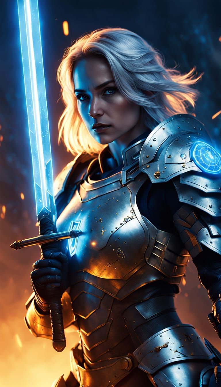 Low-angle heroic shot. Aasimar-woman paladin with silver shoulder-length hair wearing Sisters of ...