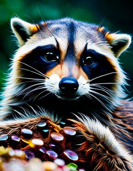 Raccoon with his stone treasures - AI Generated Artwork - NightCafe Creator