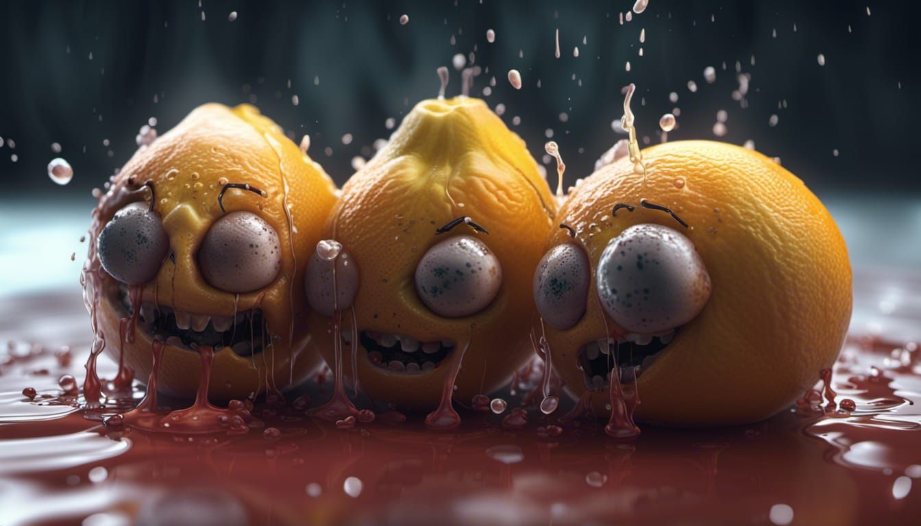 cannibalistic lemons, with creepy faces, eating each-other splattering ...