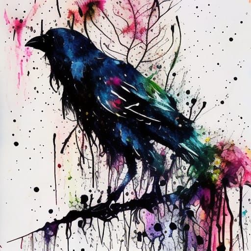 Crow watercolour painting in the style of Carne Griffiths. Spatter ...