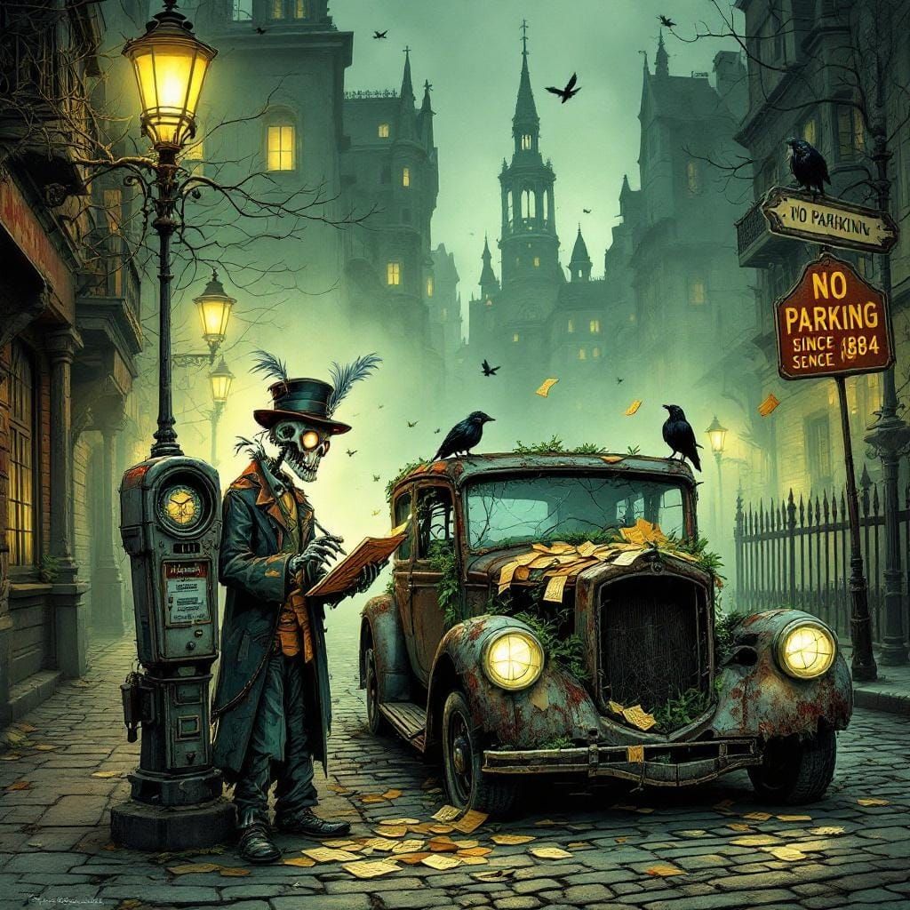 Tim Burton Illustration: Skeletal Officer Ticketin... - AI Art