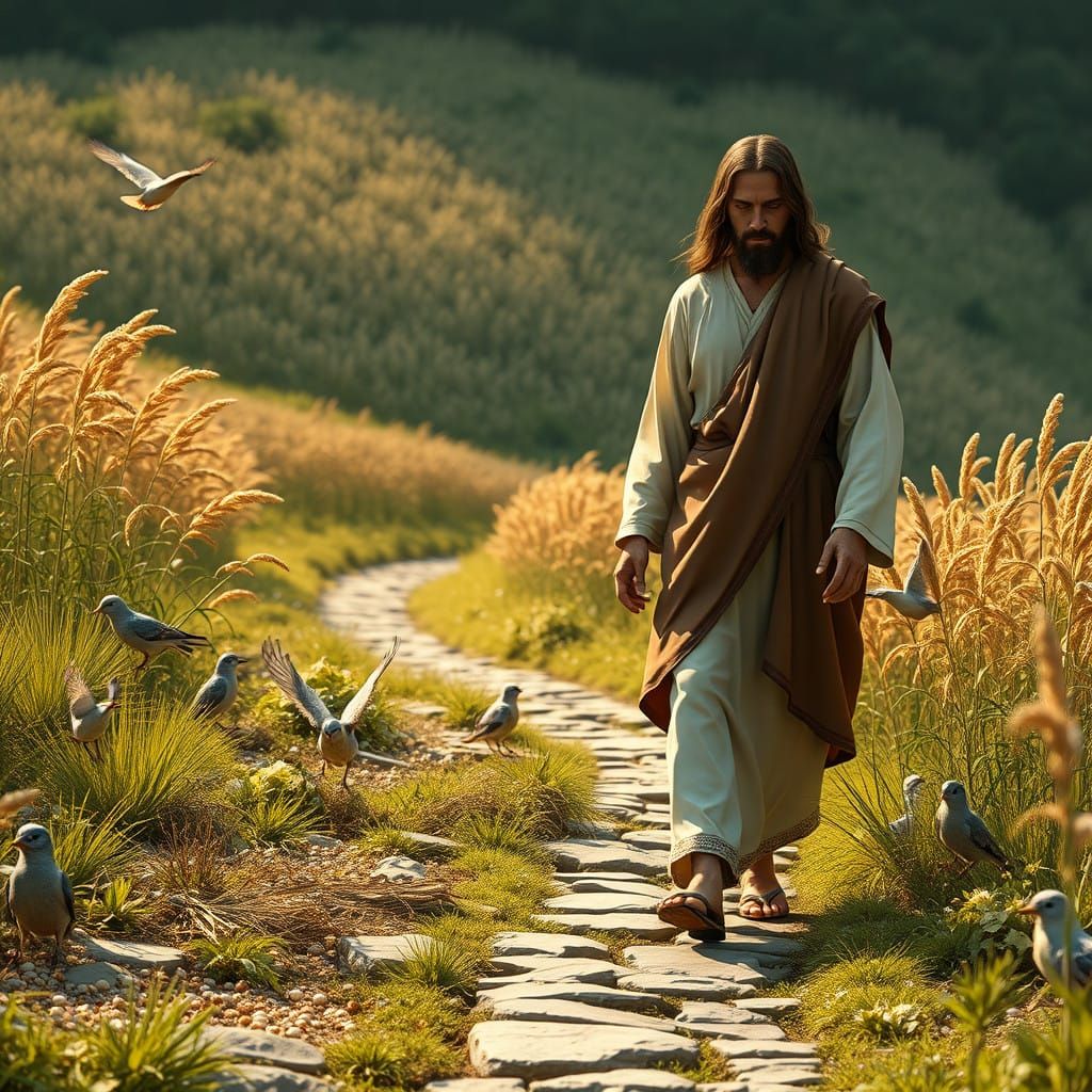 Jesus Christ in a Lush Field of Growth and Harvest... - AI Art