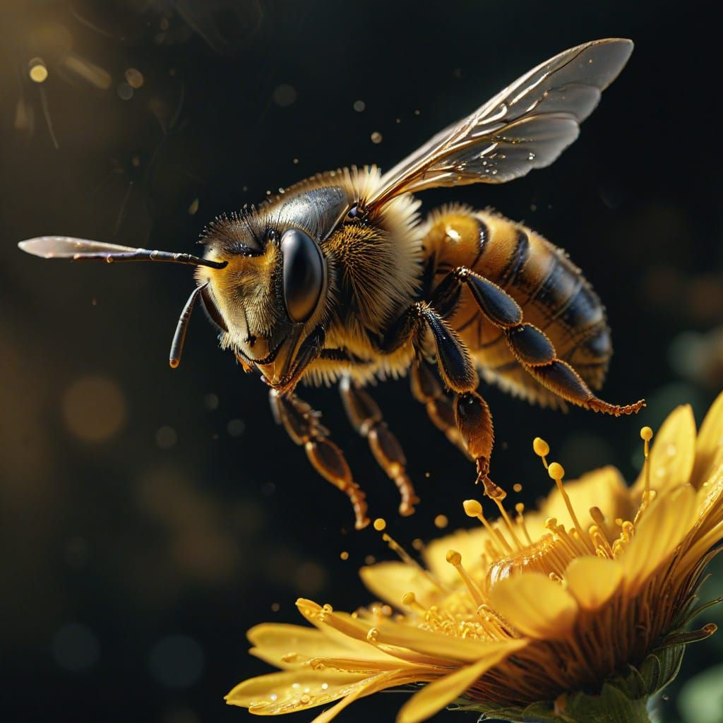 A hyper-realistic close-up of a bee flying above a yellow flower