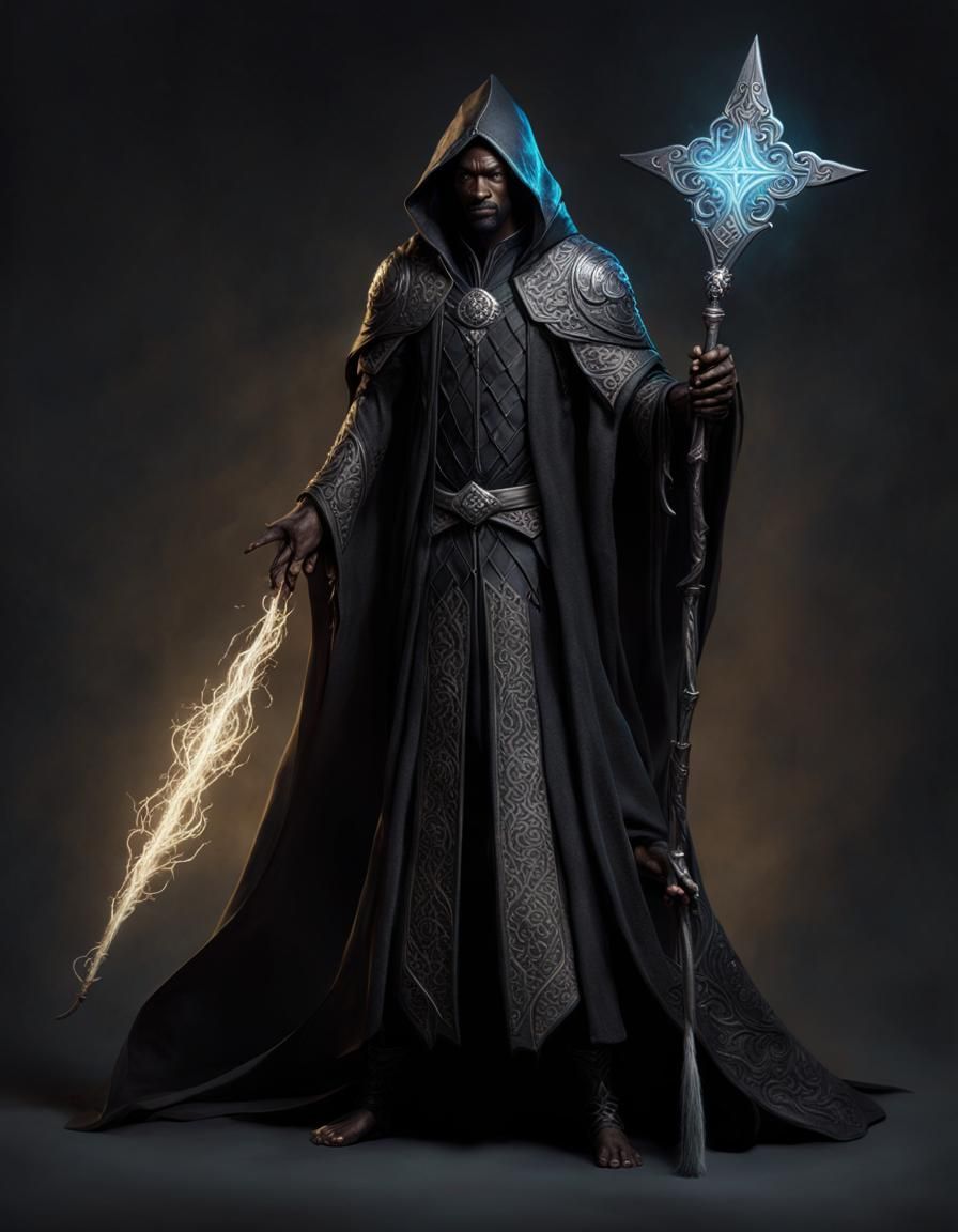 a full-body portrait of a dark elf wizard- character model - wearing an ...