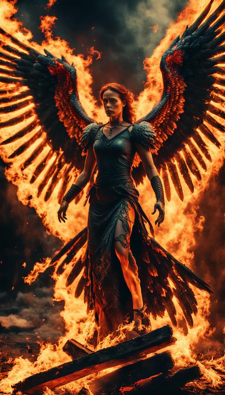 Fallen Angel with fiery phoenix wings, fire, flame, burning, embers ...