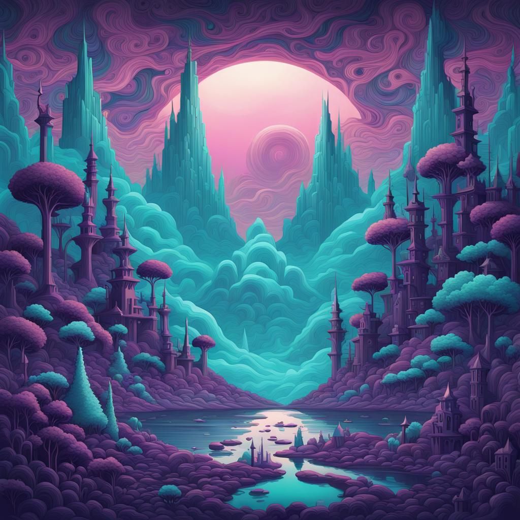 "{Beautiful Fantasy evil landscape composition with purples turquoise ...
