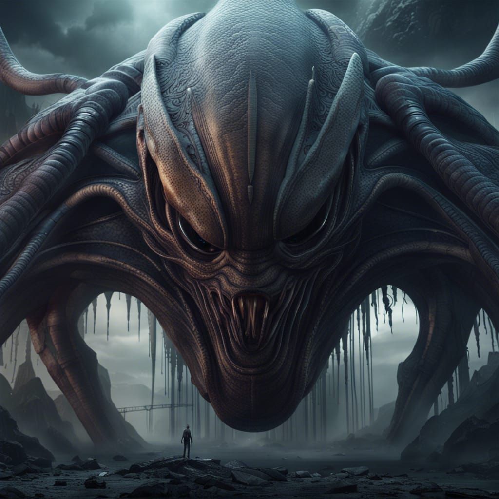 create a realistic photo of a huge Giant real alien cinematic scene ...