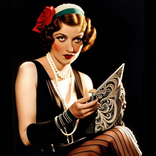 Vintage photo, pin-up girl with 1920's fashion looking at smartphone ...