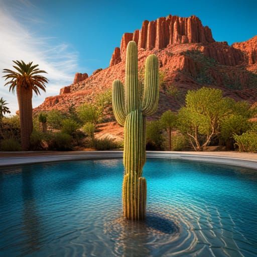 Saguaro cactus in a swimming pool, 8k resolution, a masterpiece, 35mm ...
