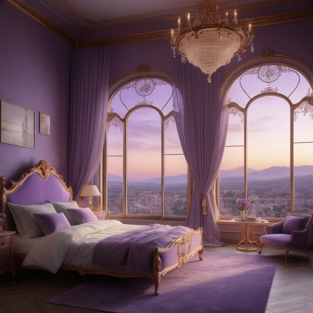 romantic bedroom with lavender bed and rose gold windows and lavender ...