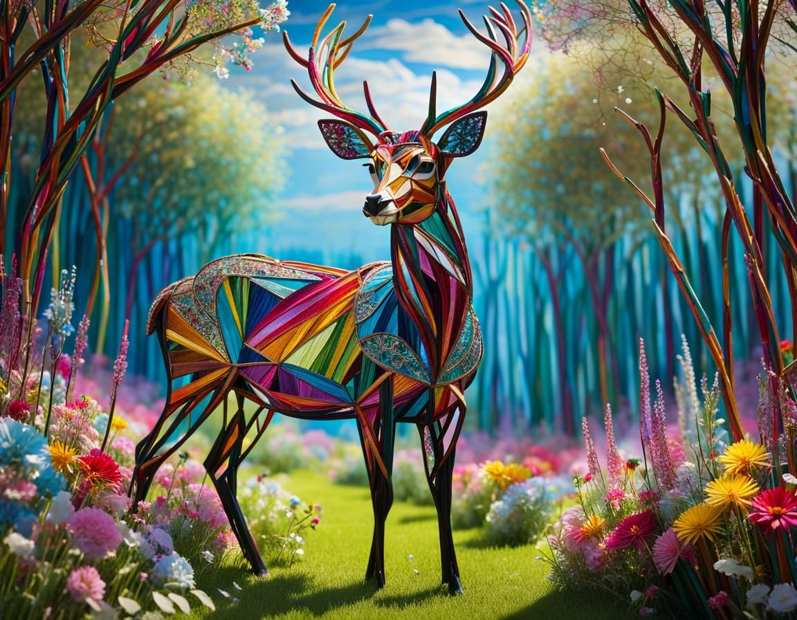 A Graceful Deer made entirely of multi-coloured Sticks, seen in a ...