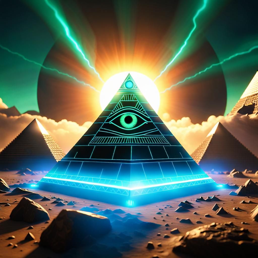 glowing black light pyramid with all seeing eye in it , sun soft glow ...