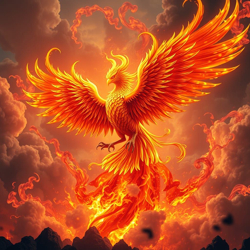 el Ave Fenix en su mayor posicion de esplendor sale de entre un gran fuego y humo.