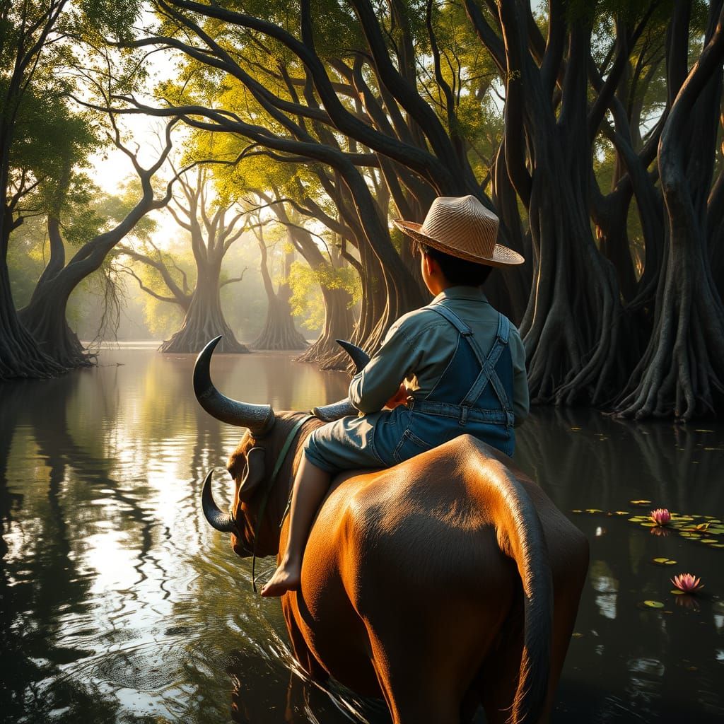Filipino Boy Rides Majestic Carabao by Serene Rive... - AI Art