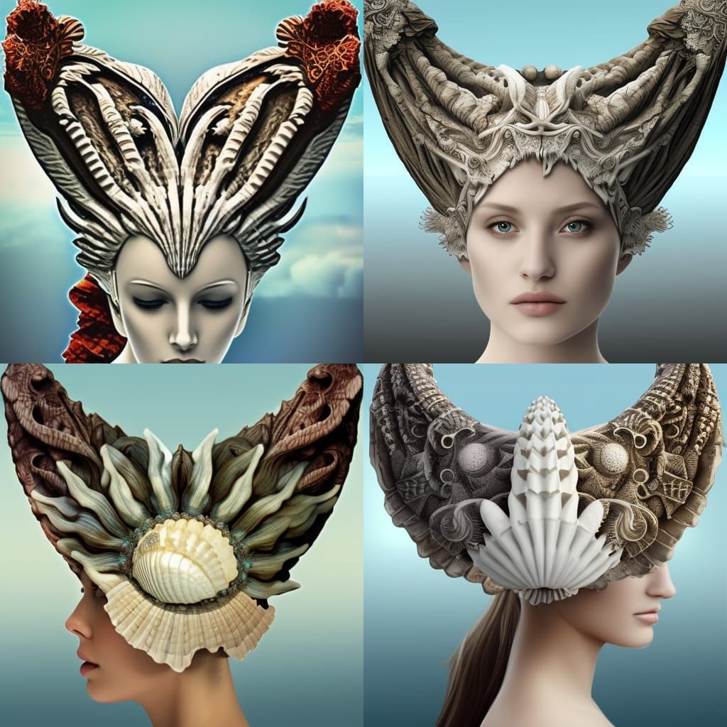 carved hollow bone white headpiece of seashell motif, strong contrast ...