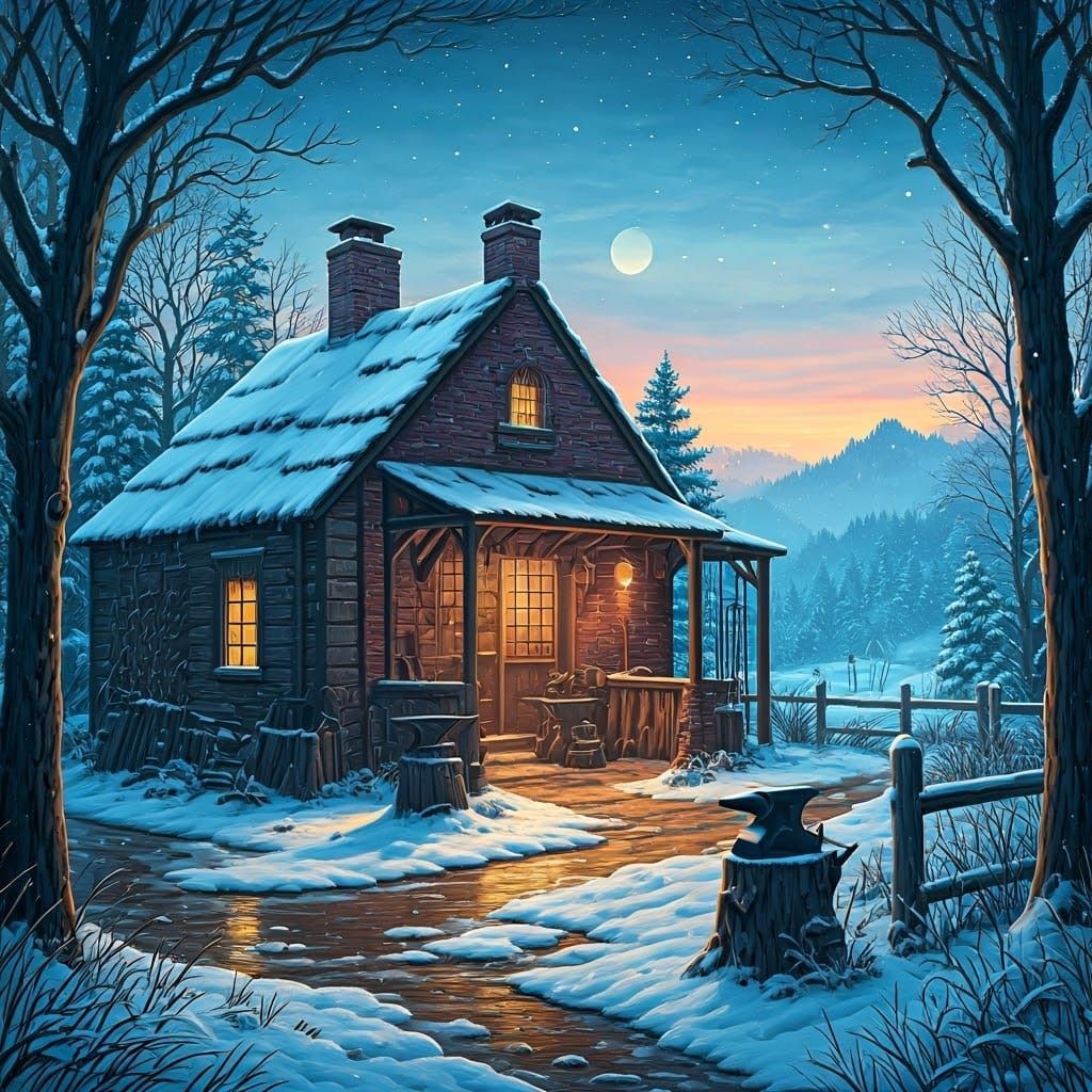 Winter landscape with a blacksmith shop