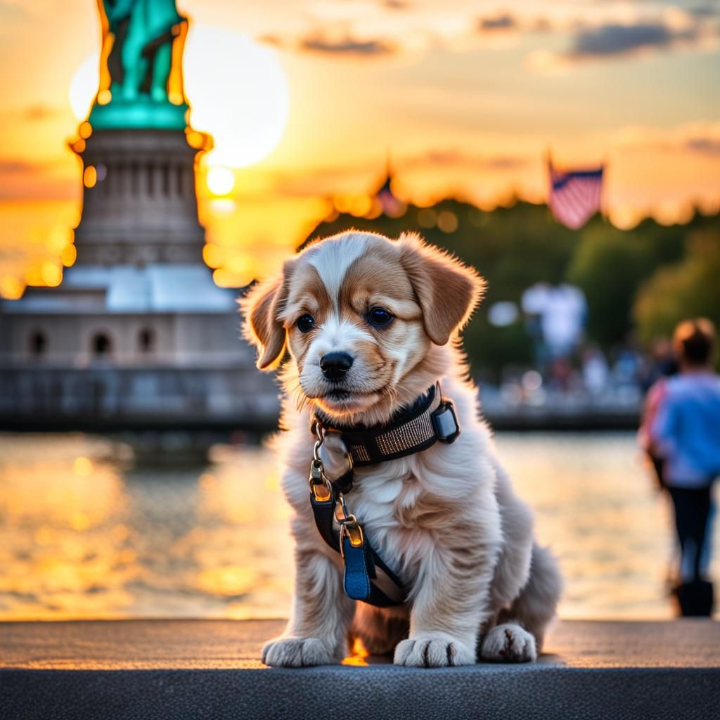A cute puppy dog sitting in the Statue of Liberty - AI Generated ...
