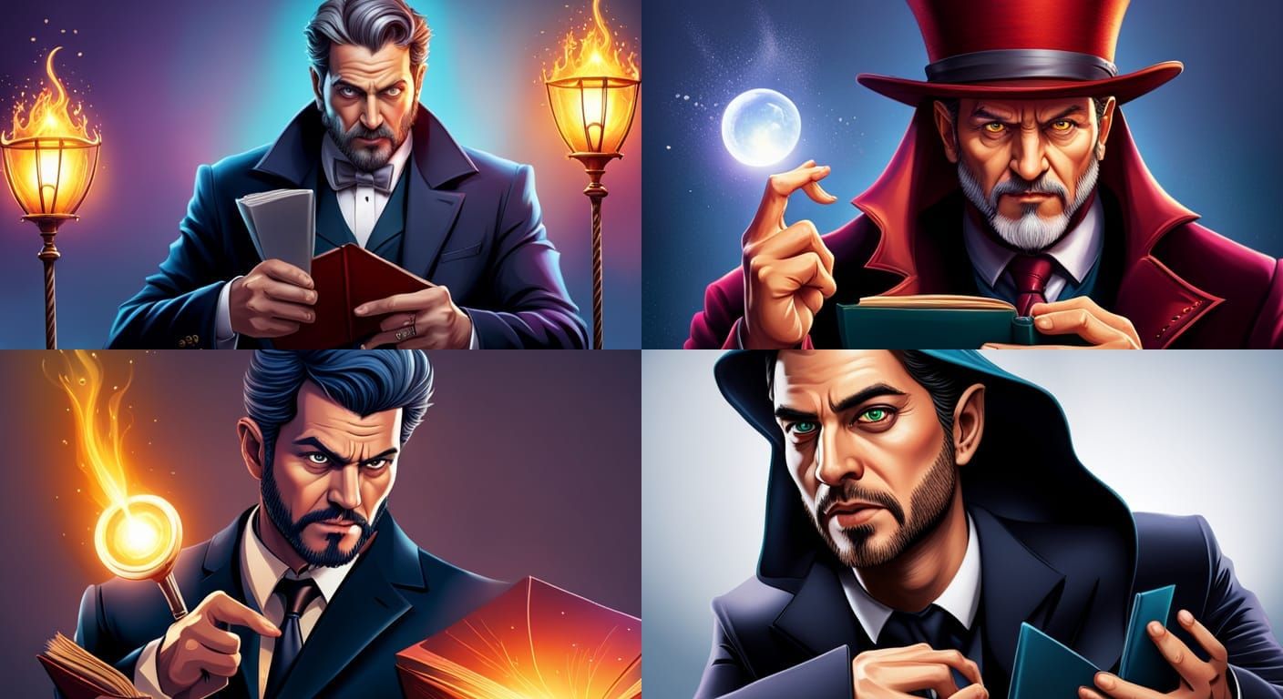 evil magician with slightly glowing eyes holding a book, Hyperrealistic ...