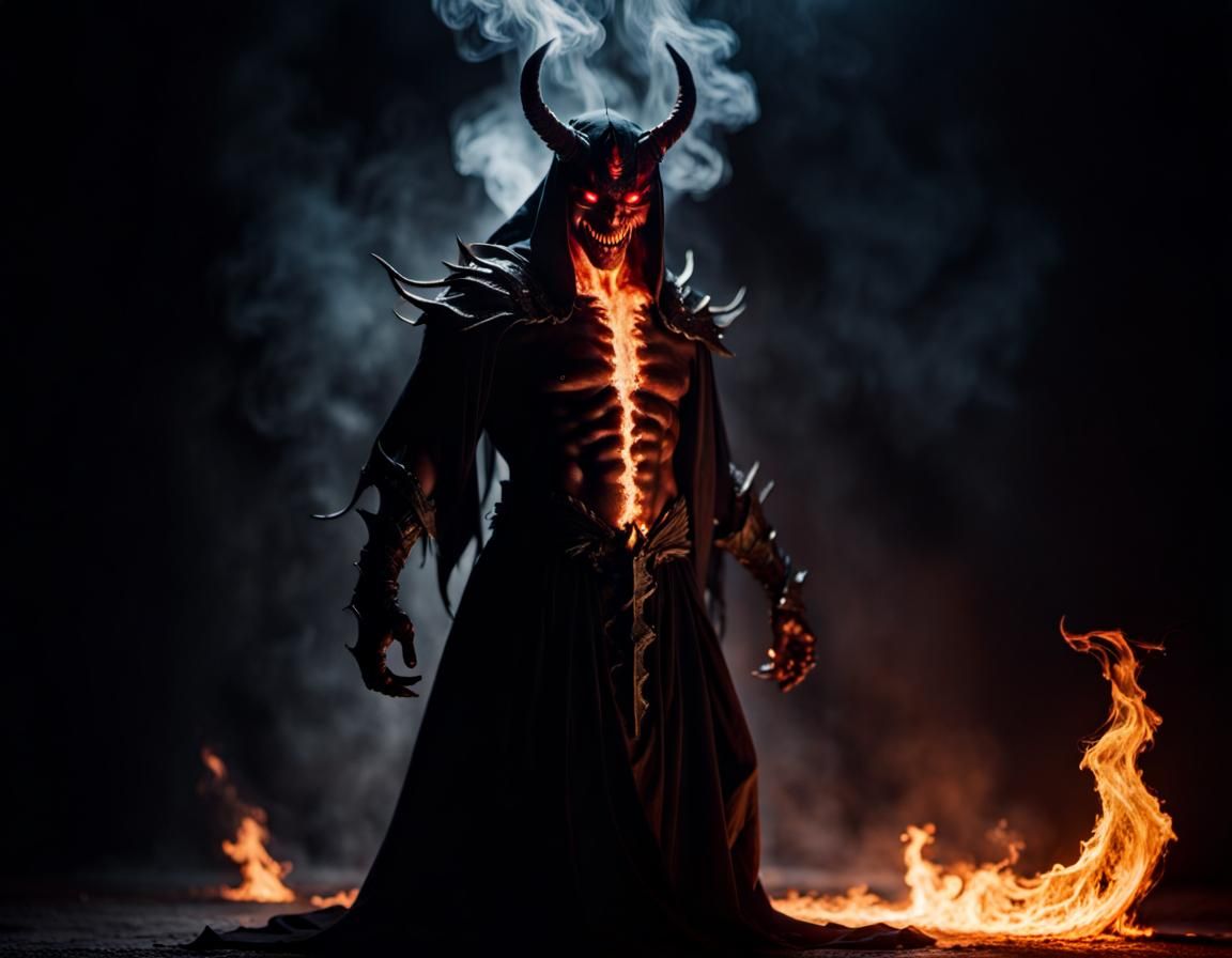 Demon of shadow and flame, shrouded in darkness, wide angle, cinematic ...