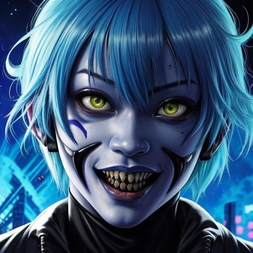 Close up of a person with blue hair and monstrous face, cyberpunk art ...