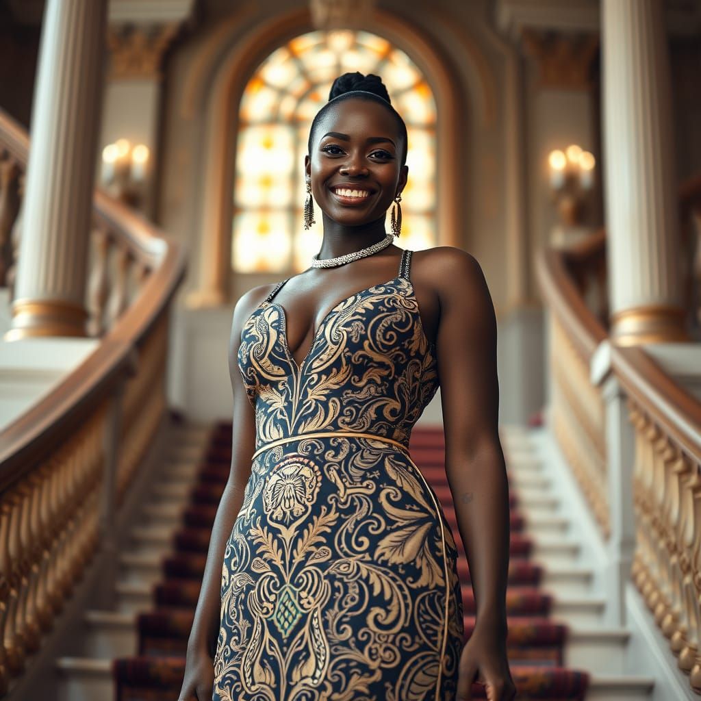 Elegant Woman in Egyptian Dress on Staircase - AI Art