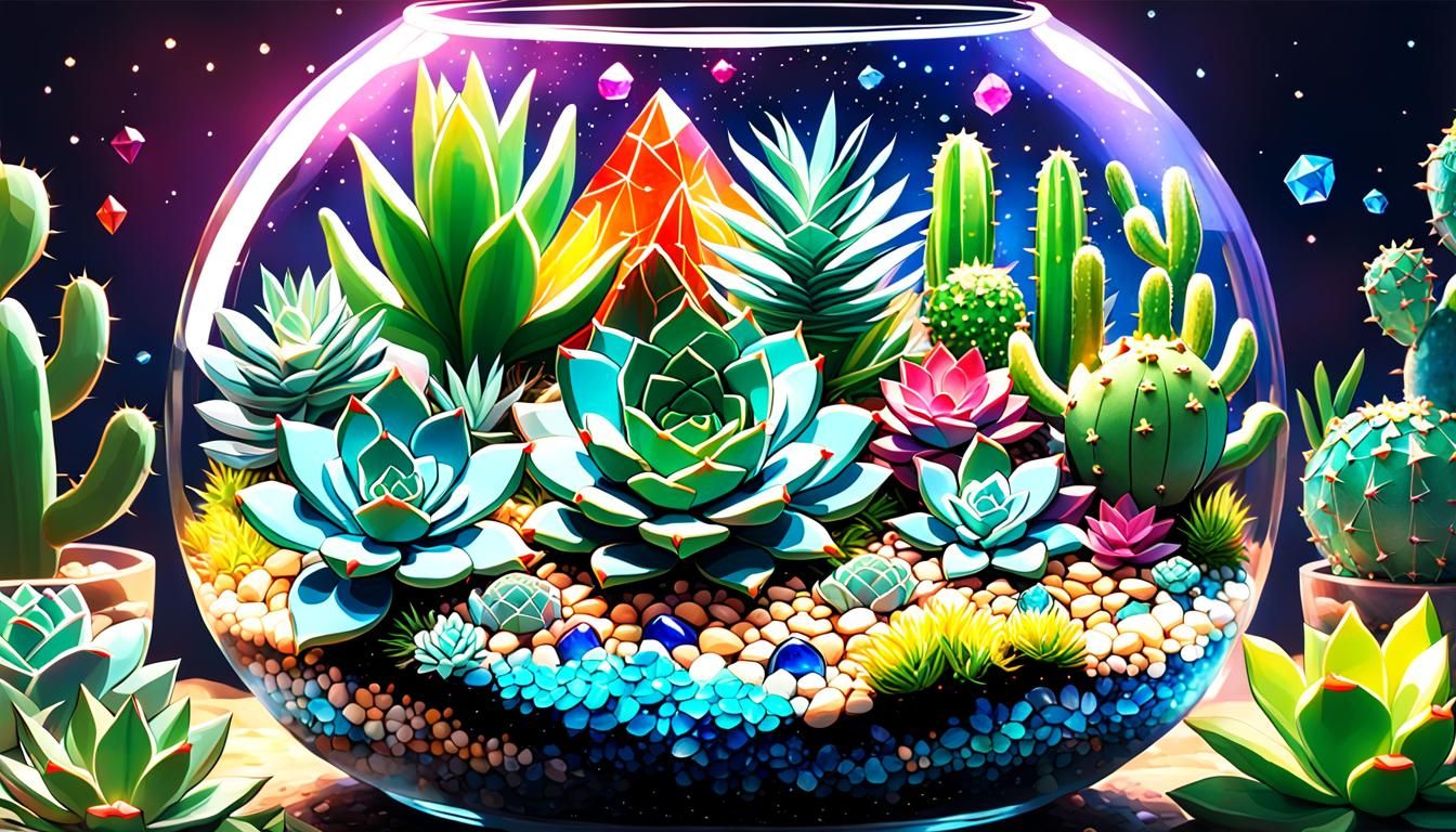 bejeweled galactic oasis glass terrarium succulents catus colorful 8K ...
