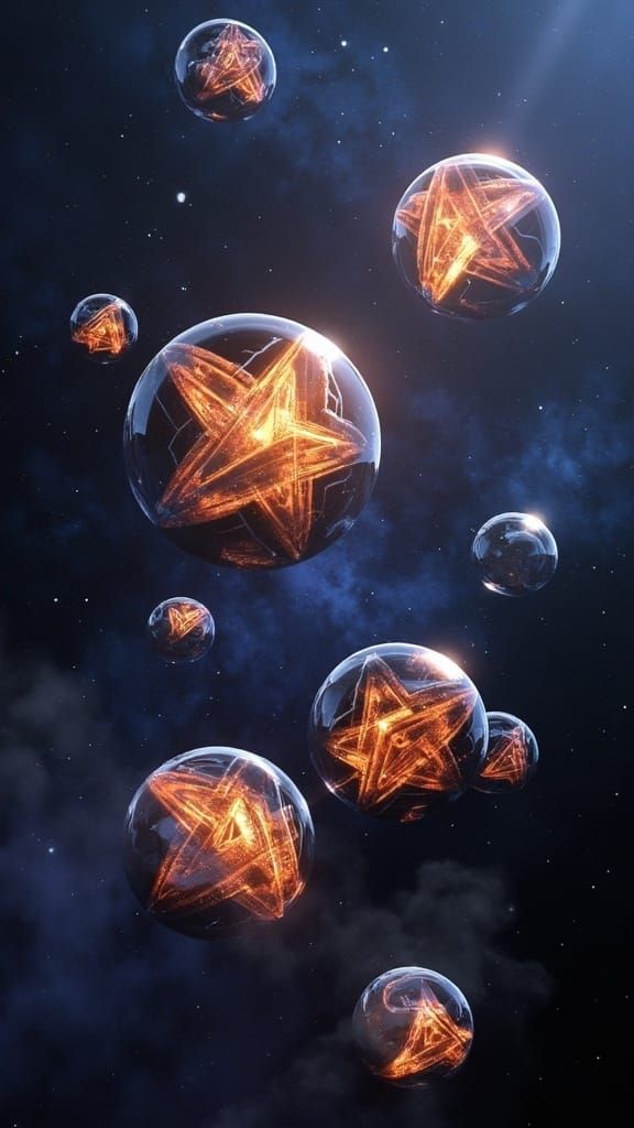 Mysterious metallic orbs drift upward through a deep indigo void, each sphere containing ...