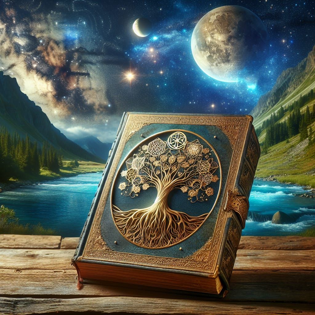 Golden Scholarly Tome with Celestial Energy and Tr... - AI Art