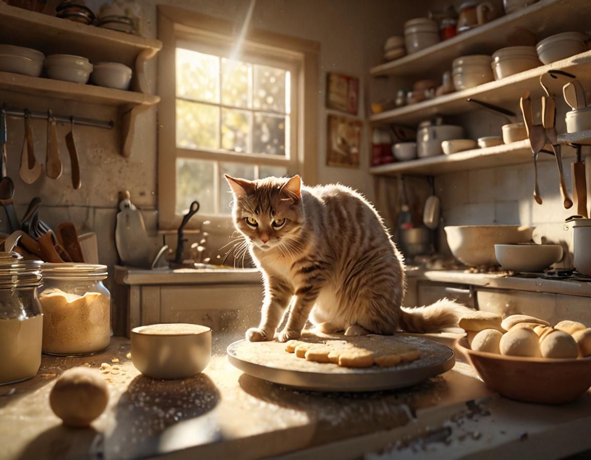 A baker cat making biscuits or kneading dough in a tiny kitchen ...