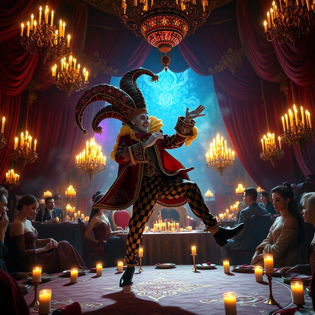 Majestic Jester in Whimsical Feast Scene - AI Art