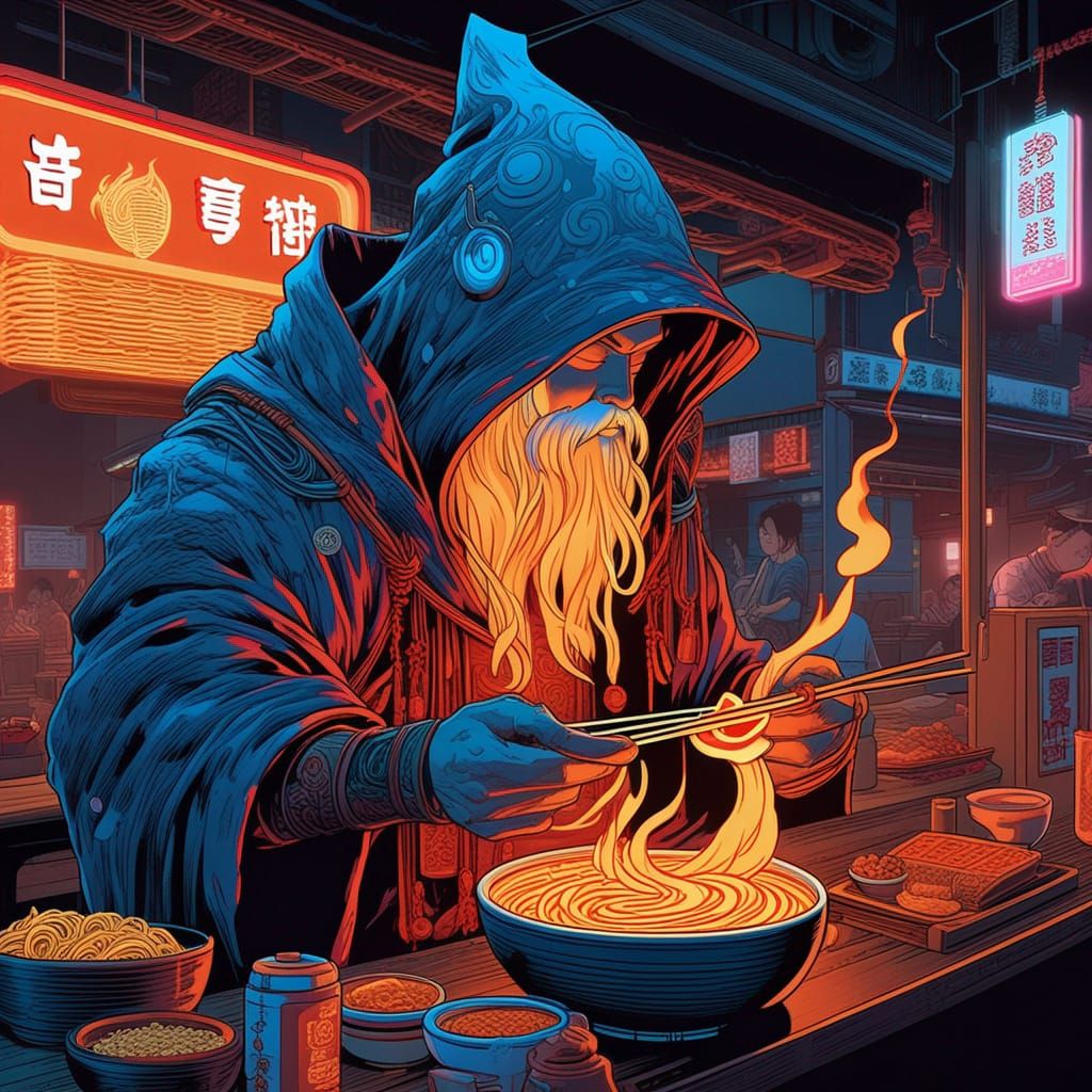 A flaming wizard eating ramen at a ramen shop - AI Generated Artwork ...
