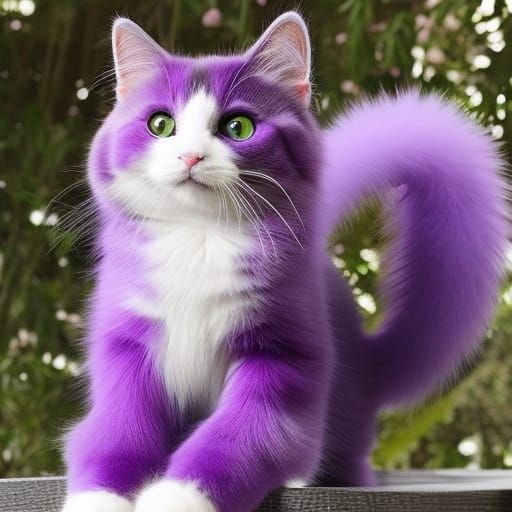 Happy purple cat, fluffy neon purple fur, hyperrealistsic, adorable ...