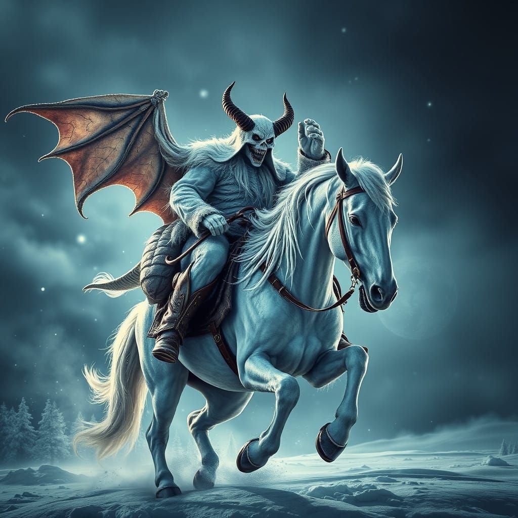Dark Demon Snowman Rides a Horse in Haunting Fanta... - AI Art