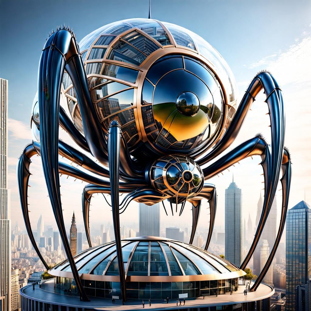 City built inside a giant glass spider head abdomen. Massive legs. 8k ...