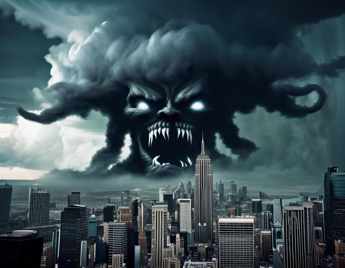 A supernatural evil face menacing within the clouds, cloud beast entity ...