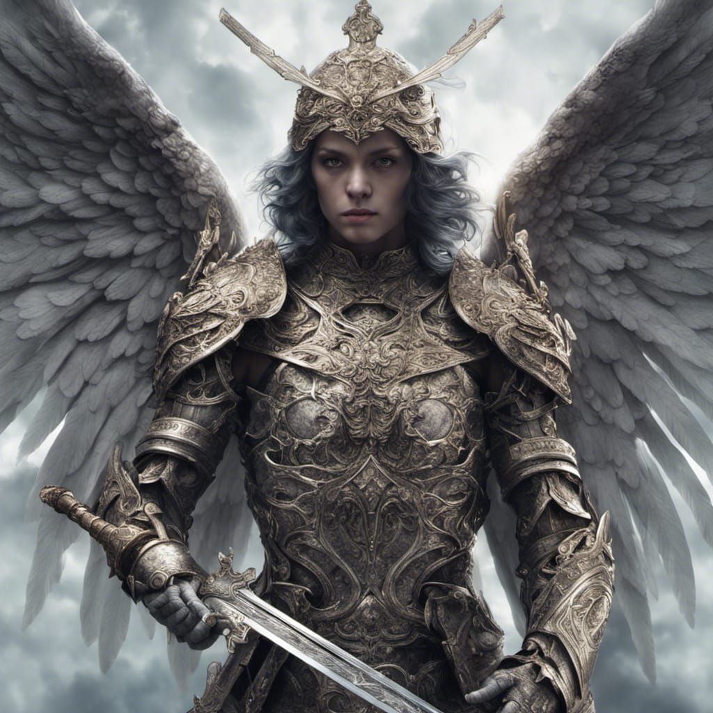 Angel wearing armour and sword protecting stance with ethereal looks ...