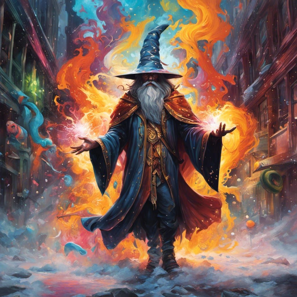 A wizard, striking provocative American male, summoning a blizzard ...