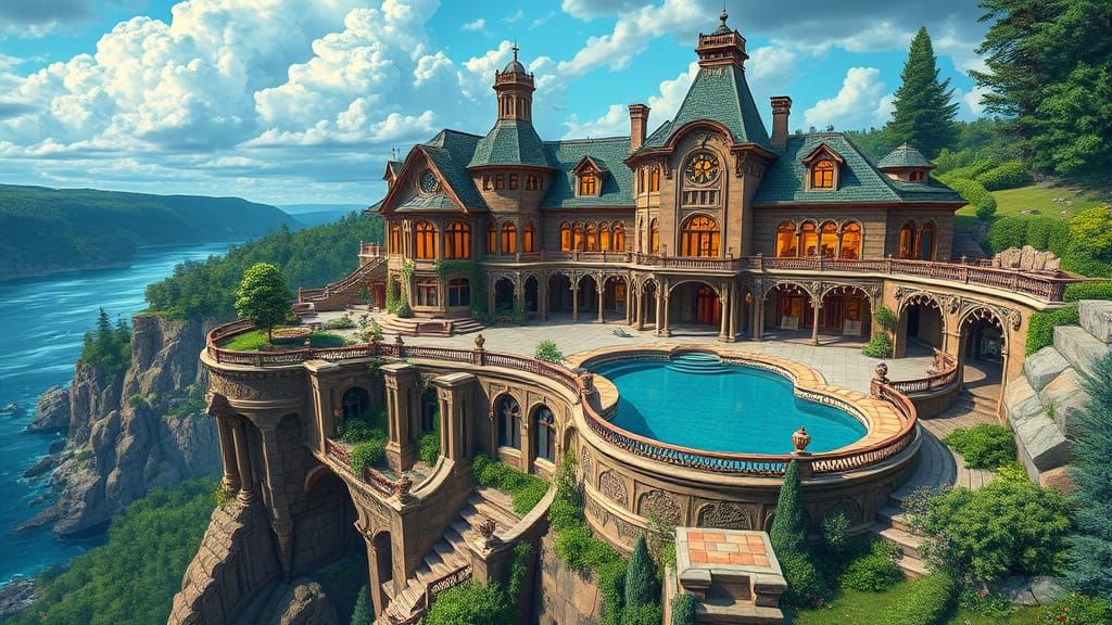 Cliffside Victorian Mansion with Pool in Comic Boo... - AI Art