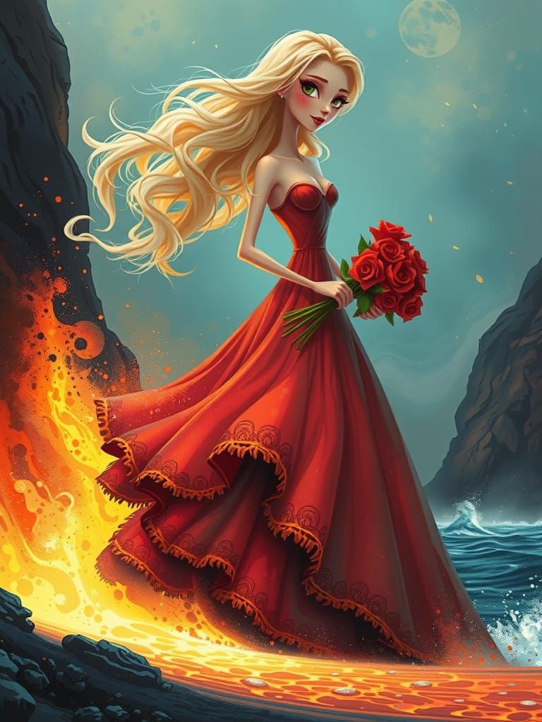 lava goddess walking away from us in a majestic scene. The goddess ...