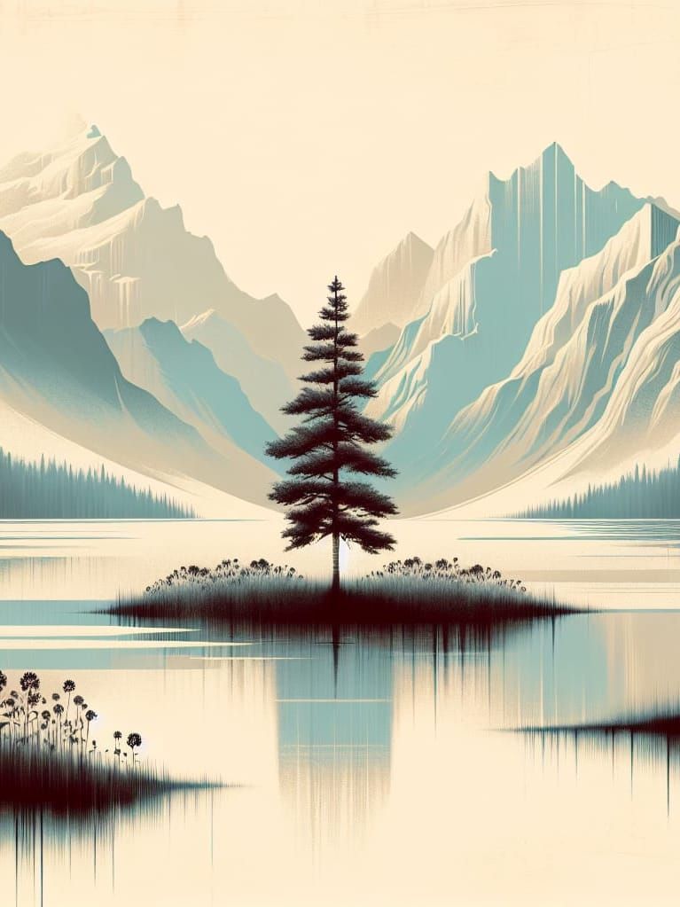 single tree in the middle of a lake with mountains and wildflowers ...